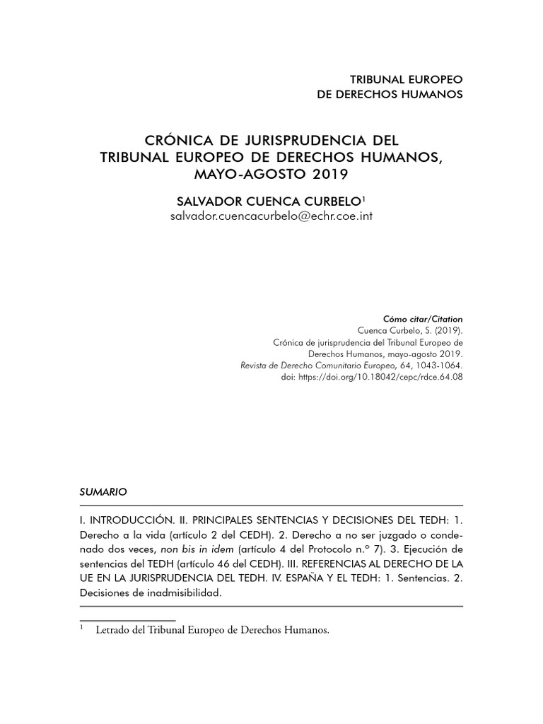 Crónica de Jurisprudencia Del Tribunal Europeo de Derechos Humanos, Mayo-Agosto 2019 | PDF ...