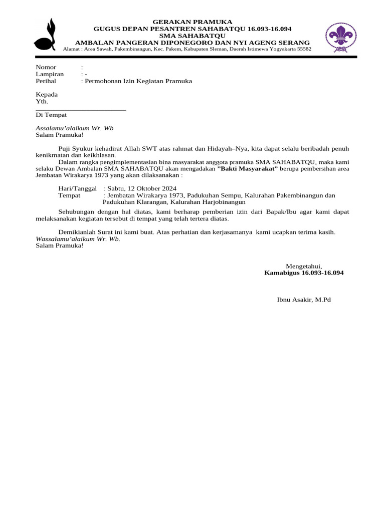 Surat Izin Kegiatan Pramuka | PDF