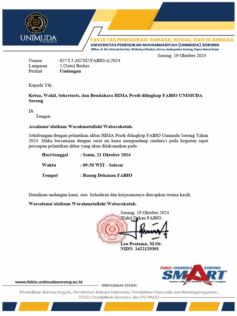 Undangan Rapat Pelantikan HIMA FABIO 2024 | PDF