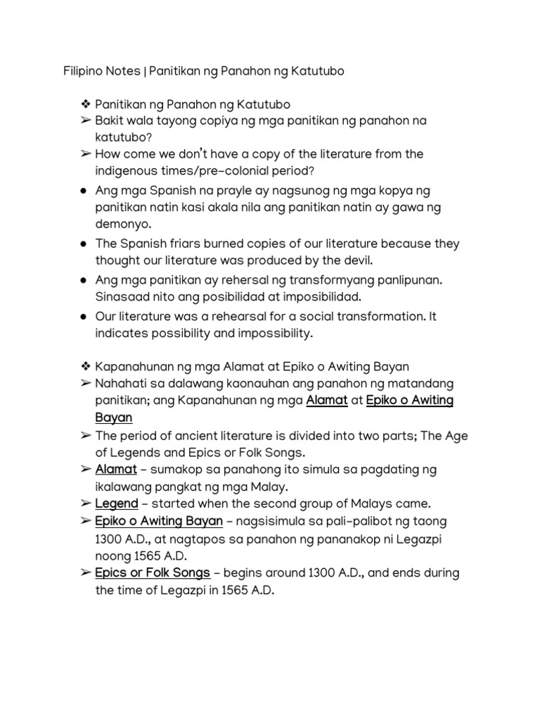 Filipino Notes | Panitikan ng Panahon ng Katutubo | PDF