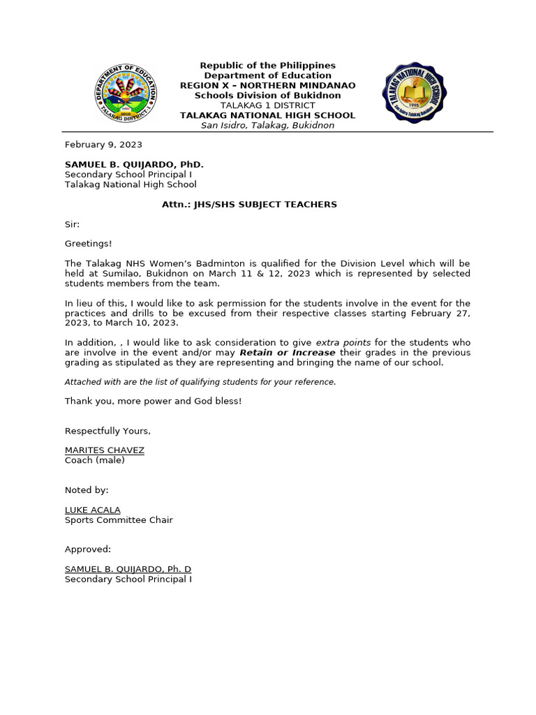 EXCUSE LETTER FOR BADMINTON | PDF