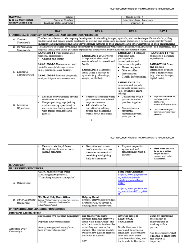 Grade 1 Language Lesson Plan | PDF | Vocabulary | Conversation