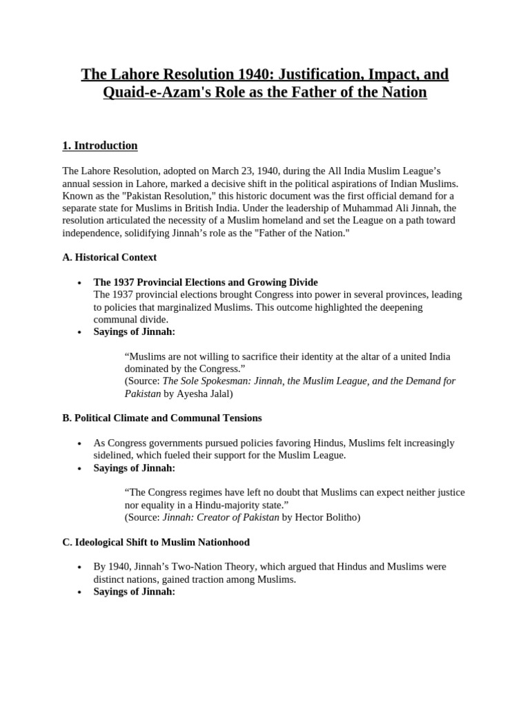 Lahore Resolution and Jinnah | PDF | Muhammad Ali Jinnah | All India ...