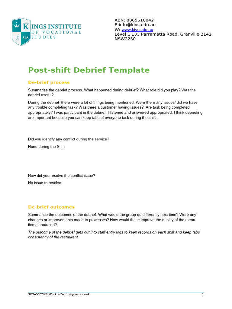 SITHCCC043 Debrief Template.v1.0 | PDF | Technology & Engineering