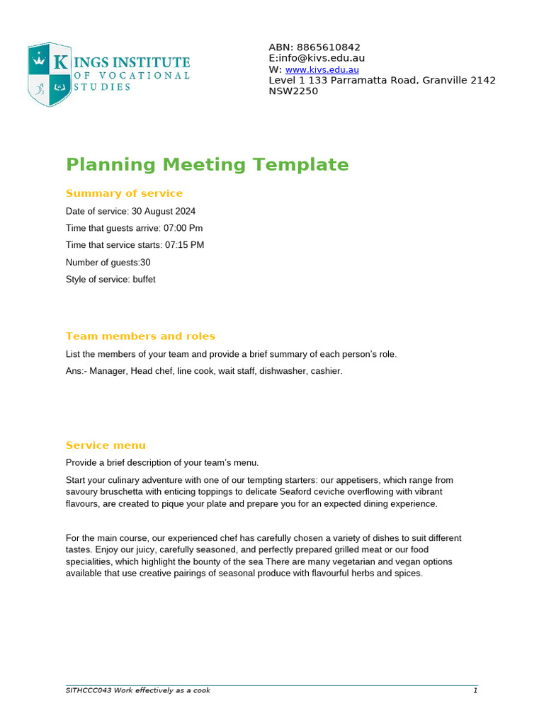 SITHCCC043 Planning Meeting Template.v1.0 | PDF | Salad | Sauce