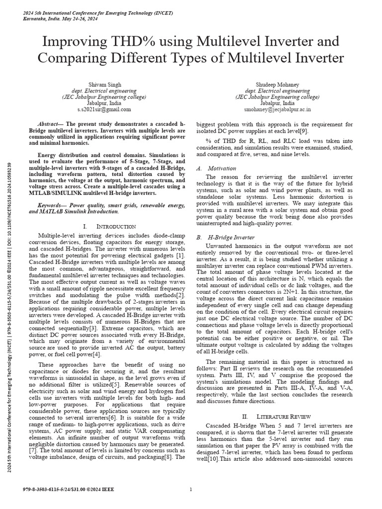 Improving THD% Using Multilevel Inverter and Comparing Different Types of Multilevel Inverter ...