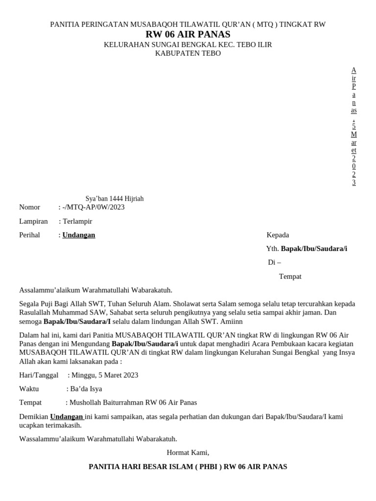 Undangan MTQ Air Panas RW 06 OK | PDF