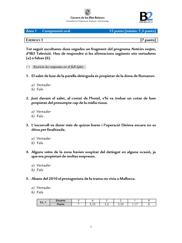 Gener 2014-B2-Prova I Solucionari | PDF