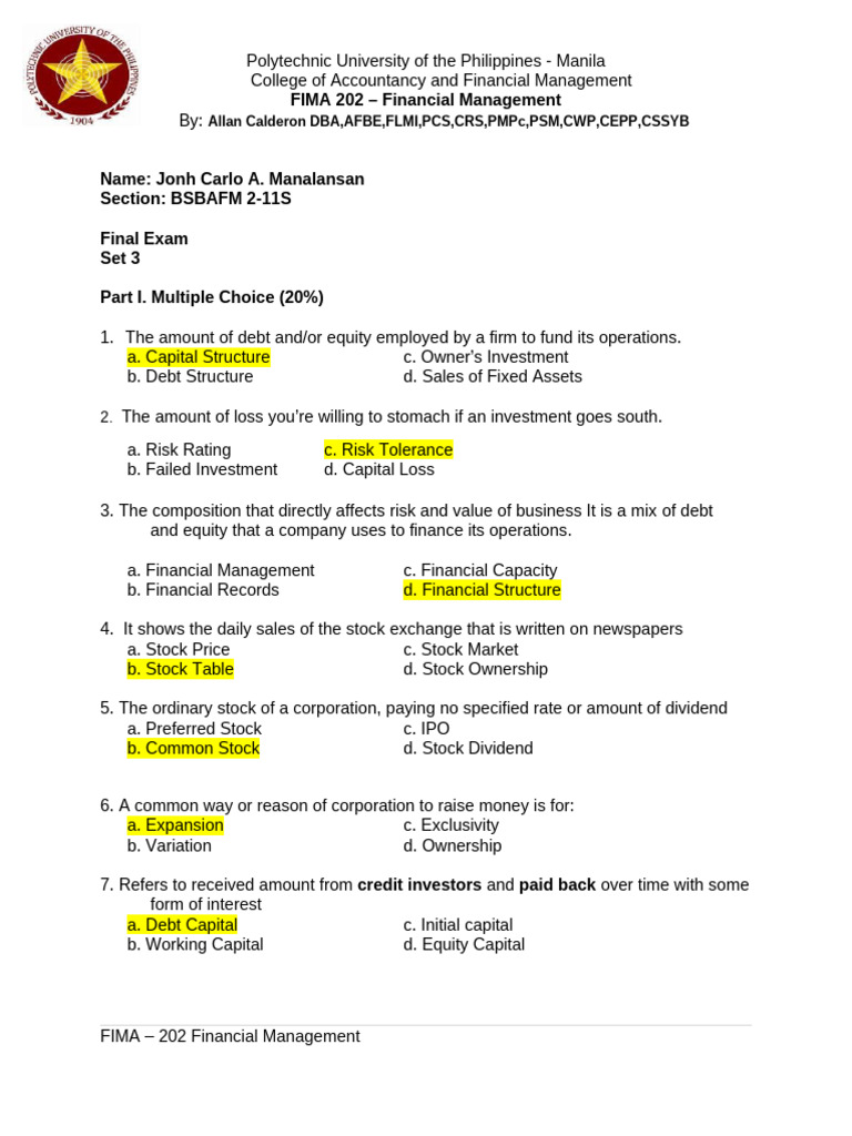 Financial Management Final Exam Set 3 | PDF | Stocks | Equity (Finance)