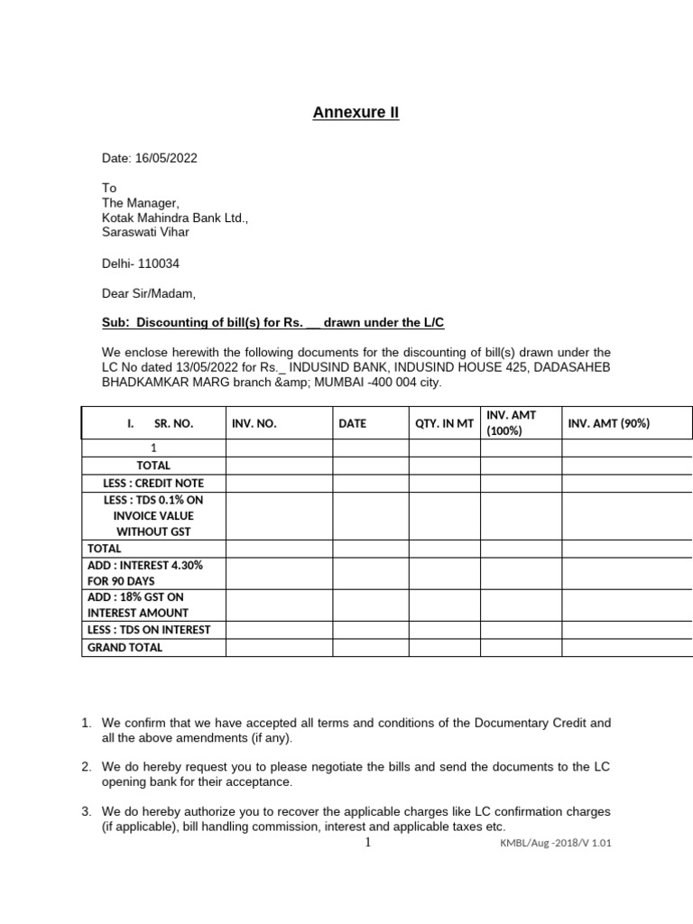 Annexure II - Format of Clients Request Letter For Discounting of Bills ...