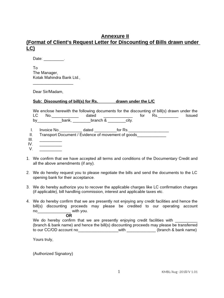 Annexure II - Format of Clients Request Letter For Discounting of Bills ... | PDF