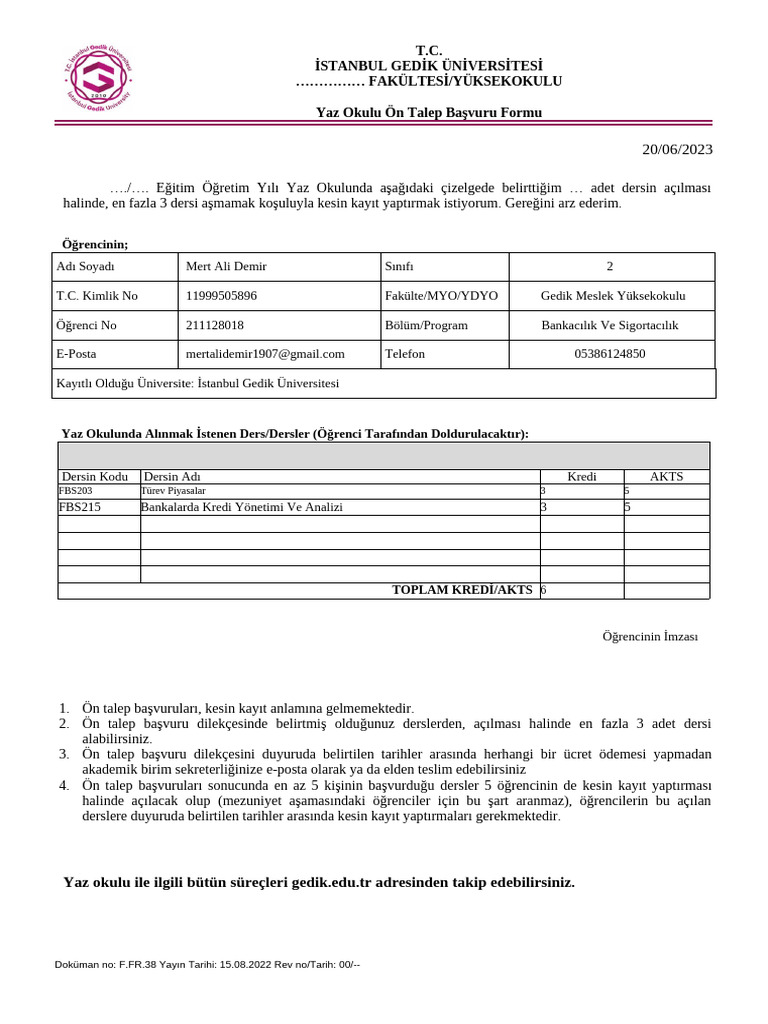 .38 Yaz Okulu Ön Talep Başvuru Formu 2 | PDF