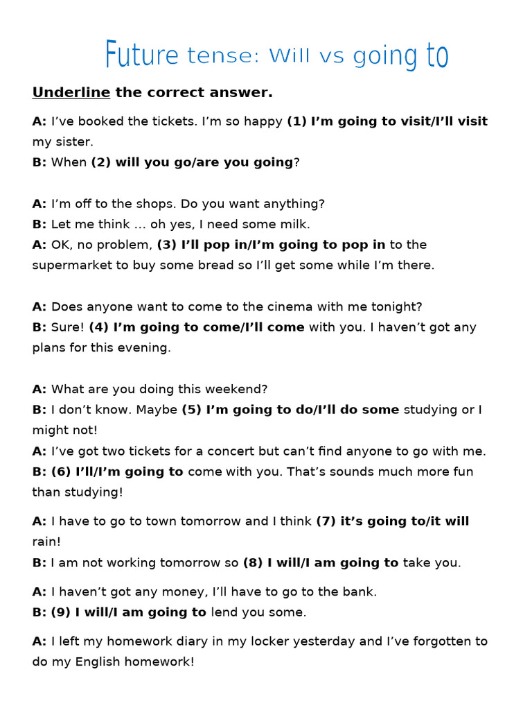 Future Tense Will vs Going to Inc Answer Key Fun Activities Games ...