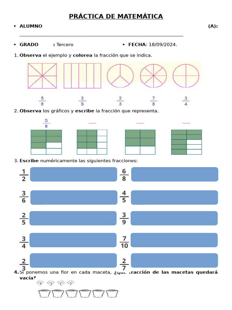 Práctica de Fracciones para Tercero y Cuarto | PDF