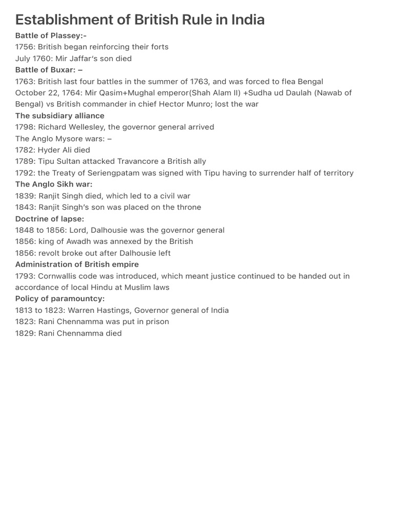 Establishment of British Rule in India | PDF
