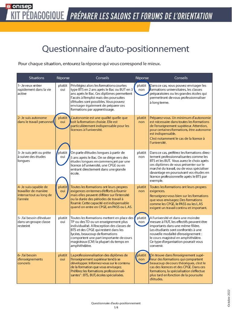 2022-Questionnaire Auto Positionnement Lycée | PDF