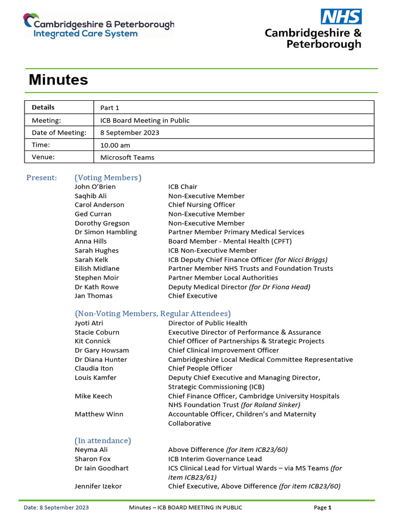 ICB Board Meeting Minutes - Sept 2023 | PDF | Risk | National Health ...