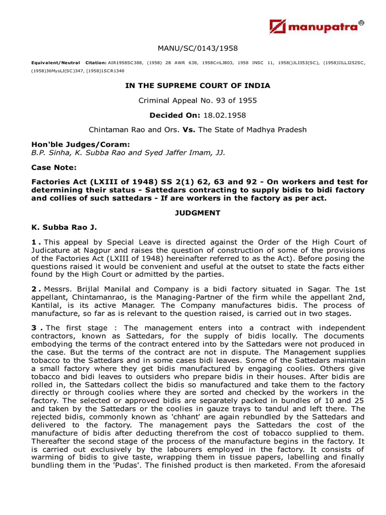 Chintaman Rao and Ors Vs The State of Madhya Pradesh | PDF | Employment ...