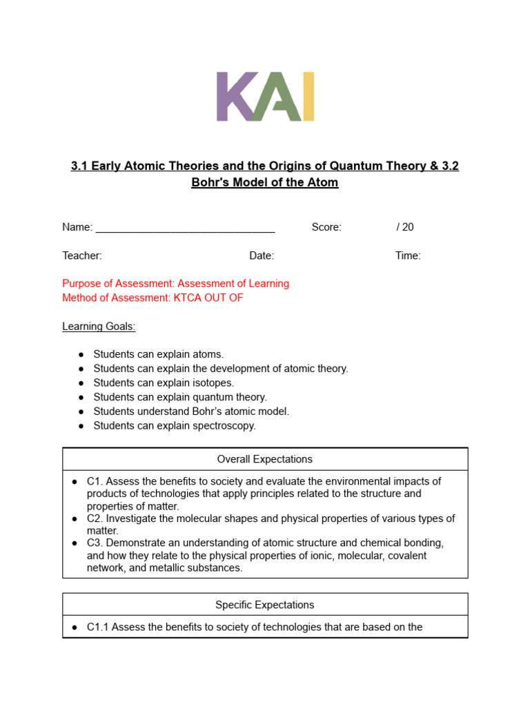 SCH4U 3.1 - 3.2 - Assessment | PDF | Chemical Bond | Atoms