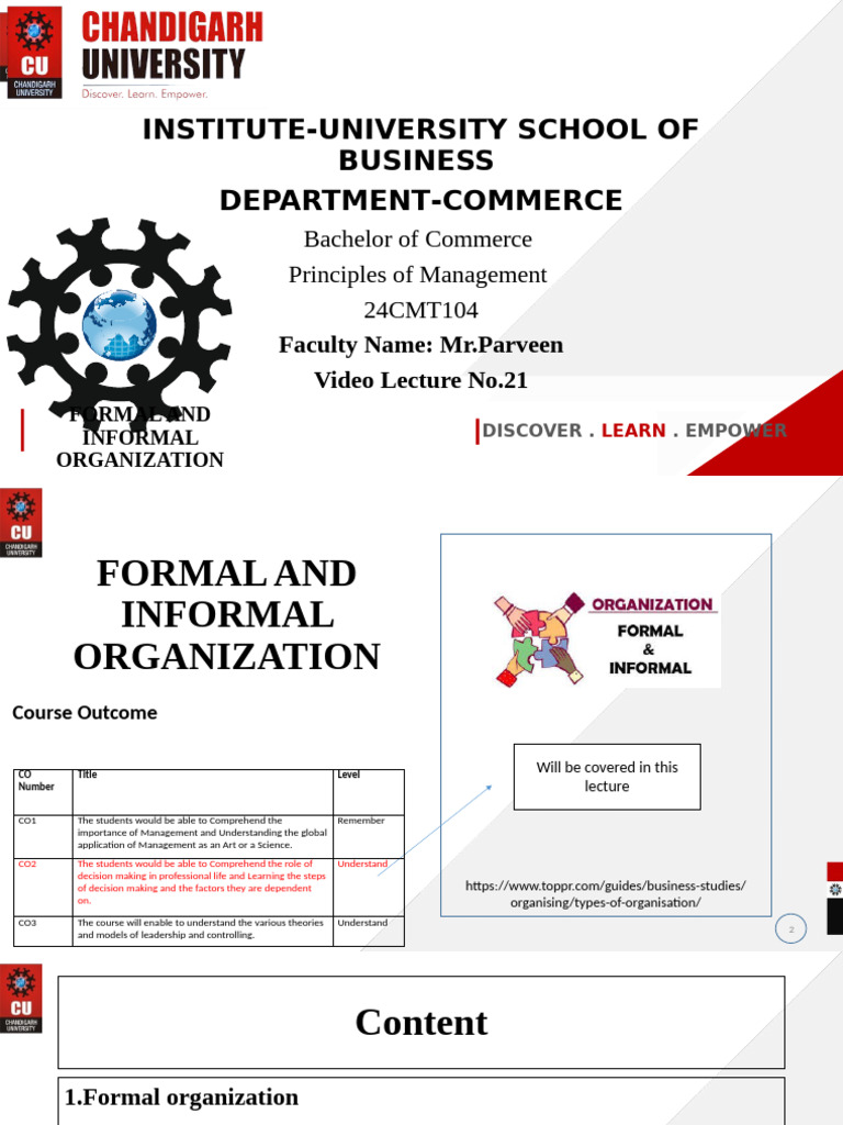 FORMAL AND INFORMAL ORGANIZATION- LECTURE 21 | PDF | Organizational Structure | Cognition