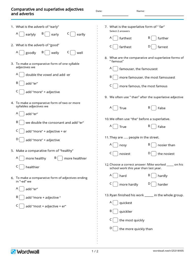 Comparative and Superlative Adjectives and Adverbs Quiz | PDF ...