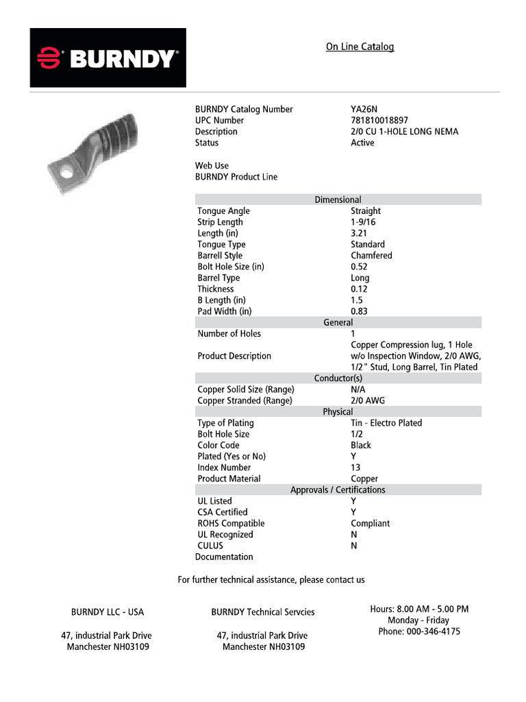 Lugs 70_12mm YA26N BURNDY | PDF