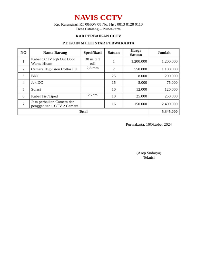 RAB Perbaikan CCTV Purwakarta | PDF