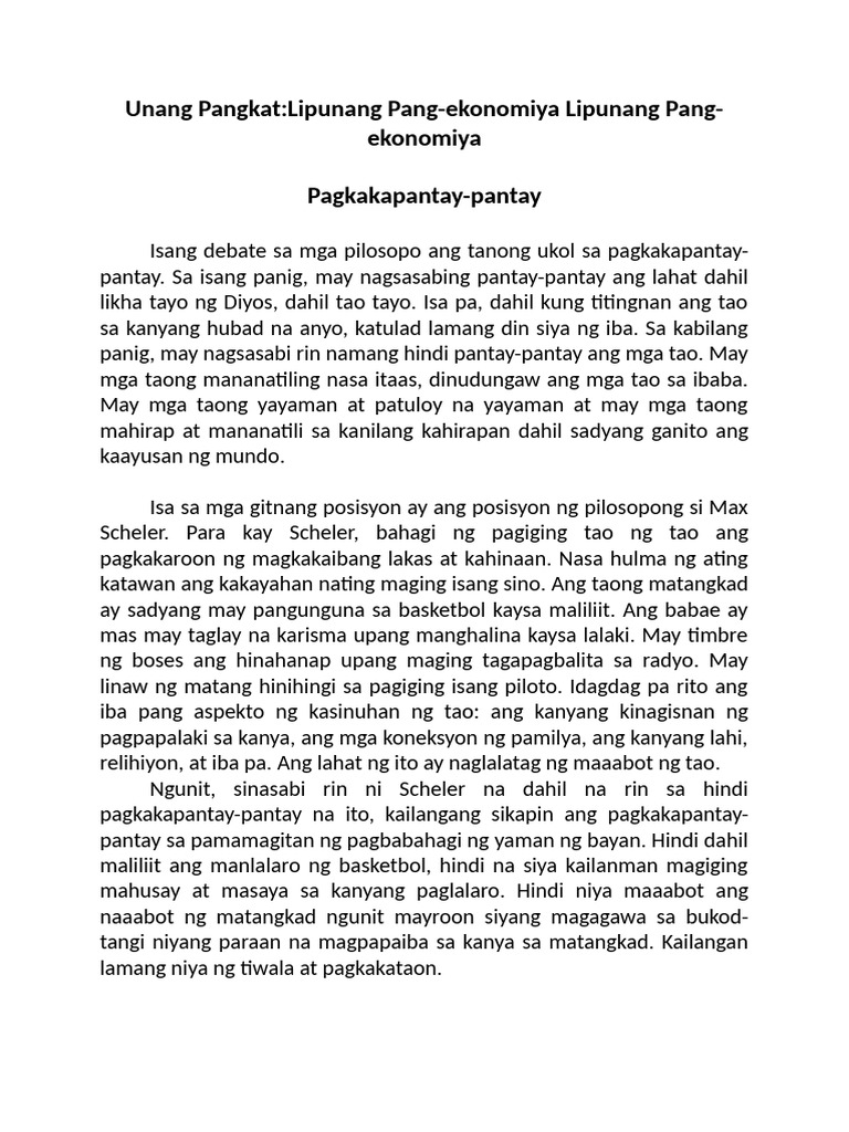 Unang Pangkat:Lipunang Pang-Ekonomiya Lipunang Pang-Ekonomiya Pagkakapantay-Pantay | PDF