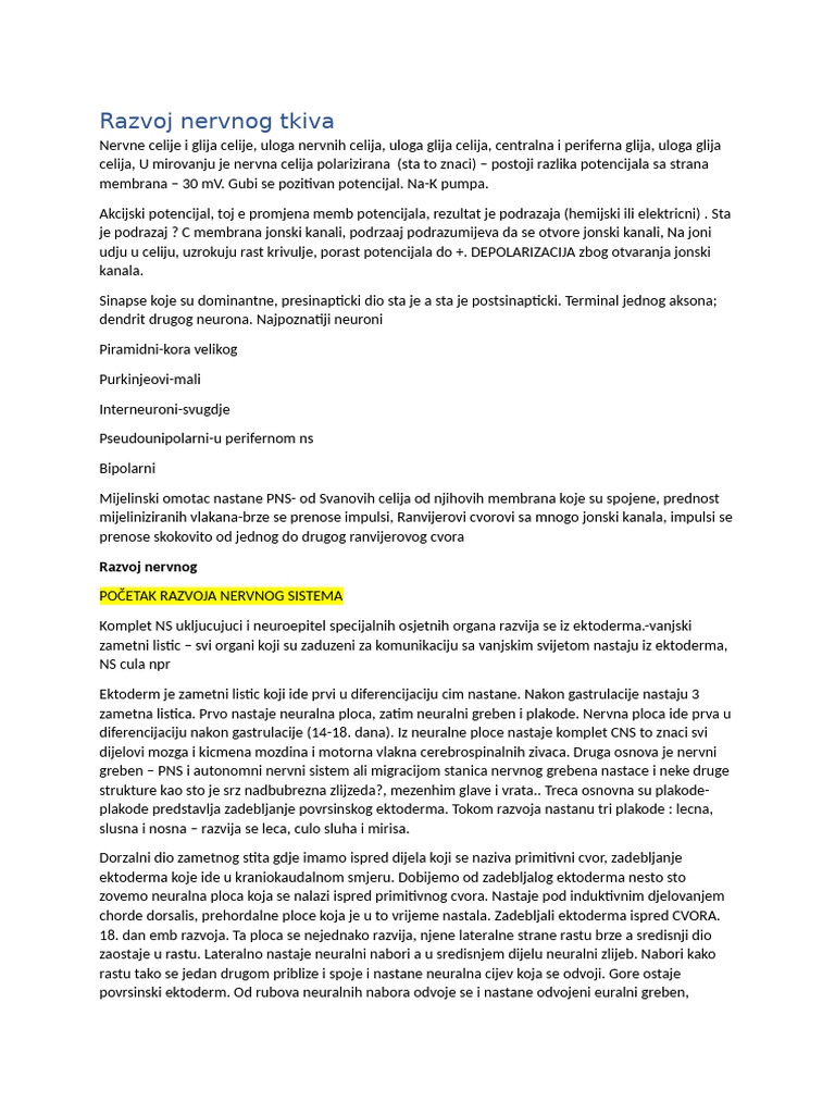 Razvoj Nervnog Tkiva | PDF
