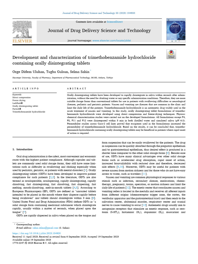 Development and Characterization of Trimethobenzamide Hydrochloride Containing Orally ...