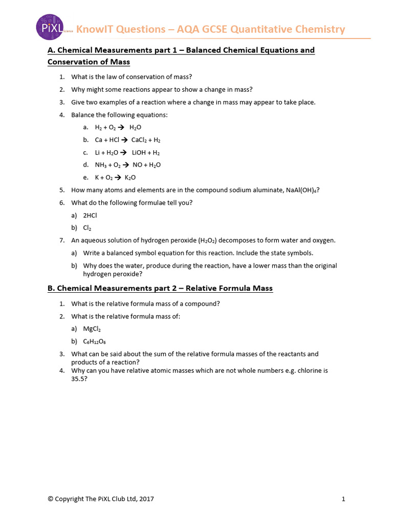AQA Chemistry Quantitative Chemistry KnowIT GCSE QUESTIONS1 | PDF ...