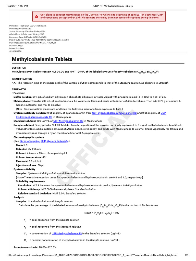 USP-NF Methylcobalamin Tablets | PDF | Colony Forming Unit | Chromatography