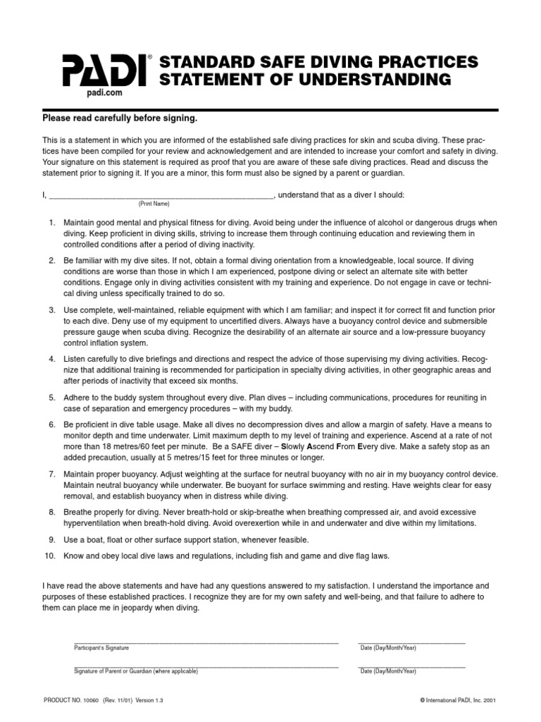 Safe Diving Practices Acknowledgment | PDF | Scuba Diving | Underwater ...