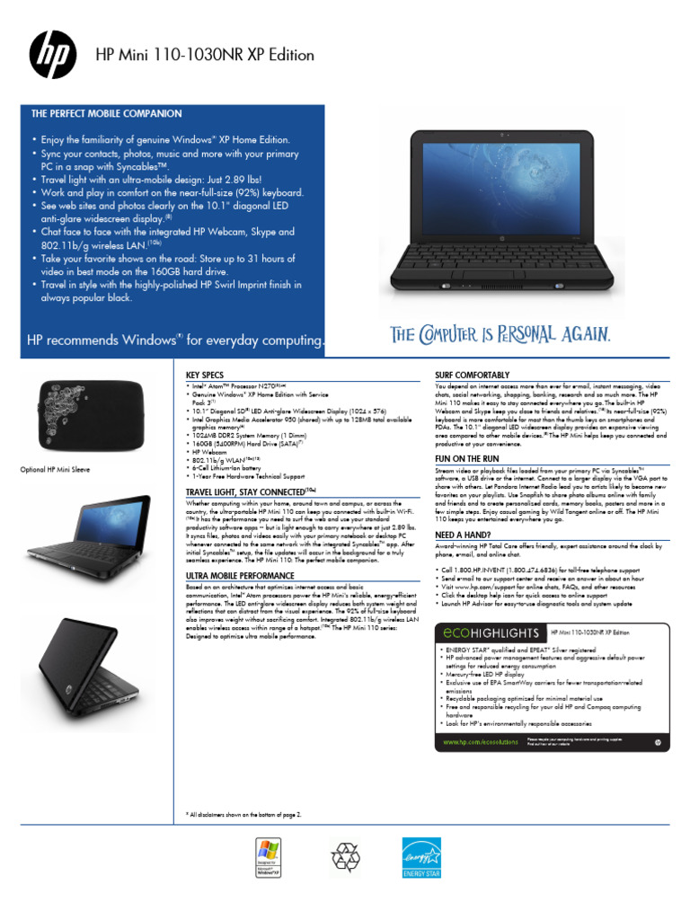 Data Sheet Hp Mini 110 | PDF | Personal Computers | Hewlett Packard