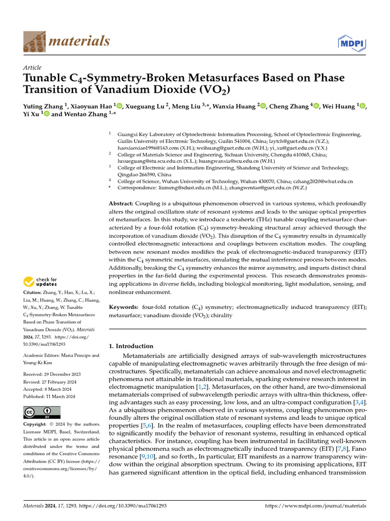 Tunable C4-Symmetry-Broken Metasurfaces Based On P | PDF | Metamaterial | Terahertz Radiation