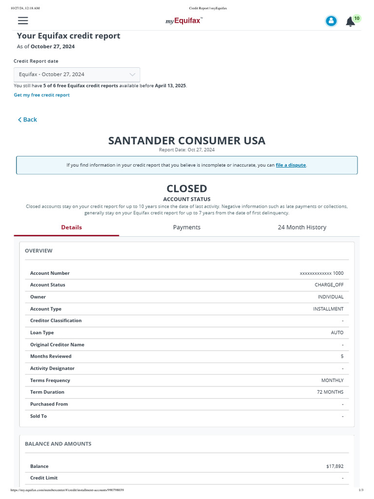 Equifax Credit Report Santander Consumer USA Account Closed For ...