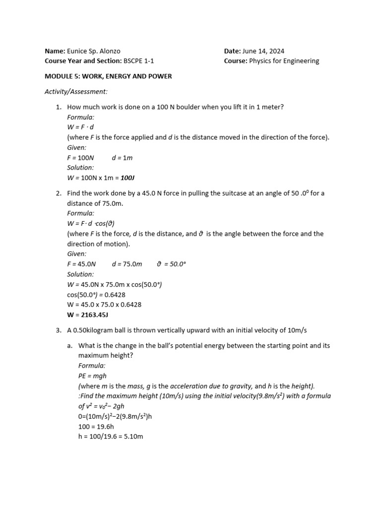 ACT_MODULE 5_WORK ENERGY AND POWER | PDF | Force | Physical Sciences