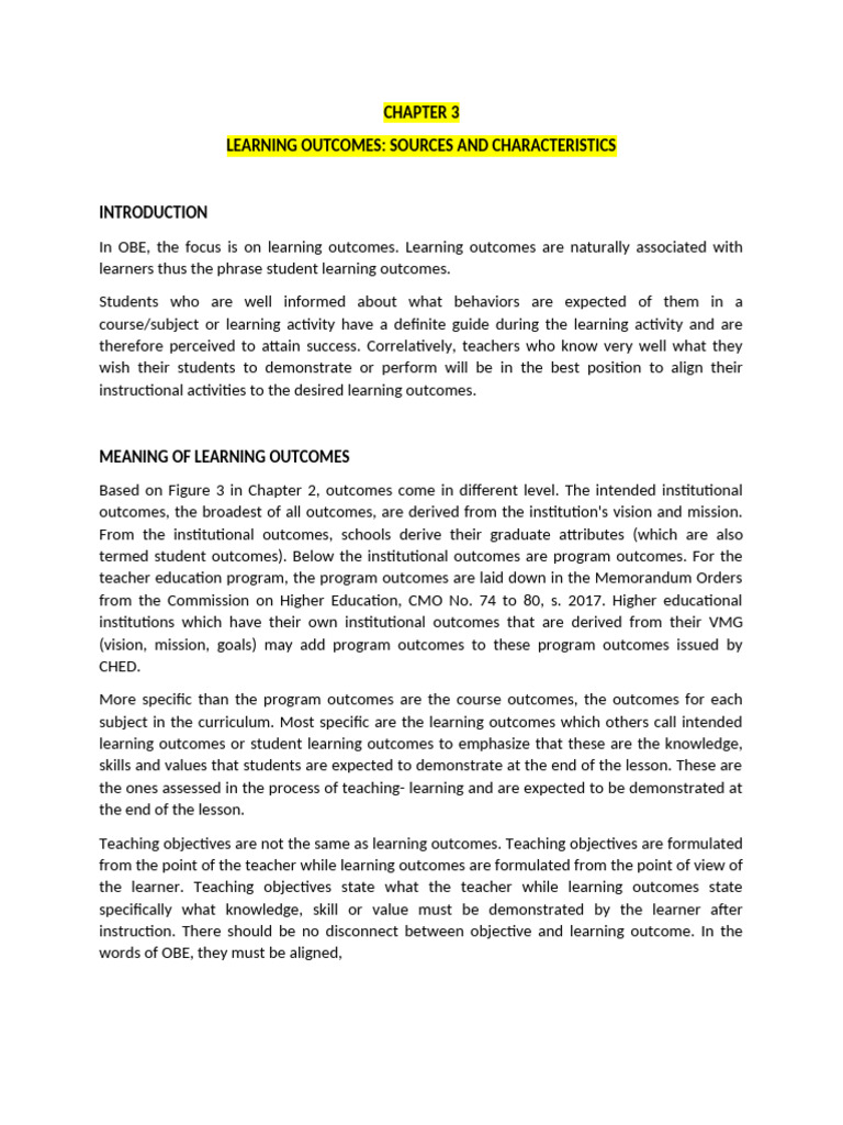 CHAPTER 3 Learning Outcome Sources and Characteristics | PDF | Learning ...