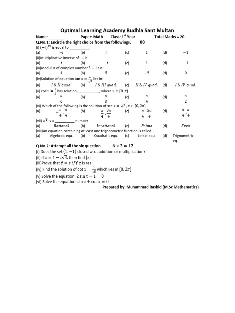 Math Exam Paper for 1st Year Students | PDF