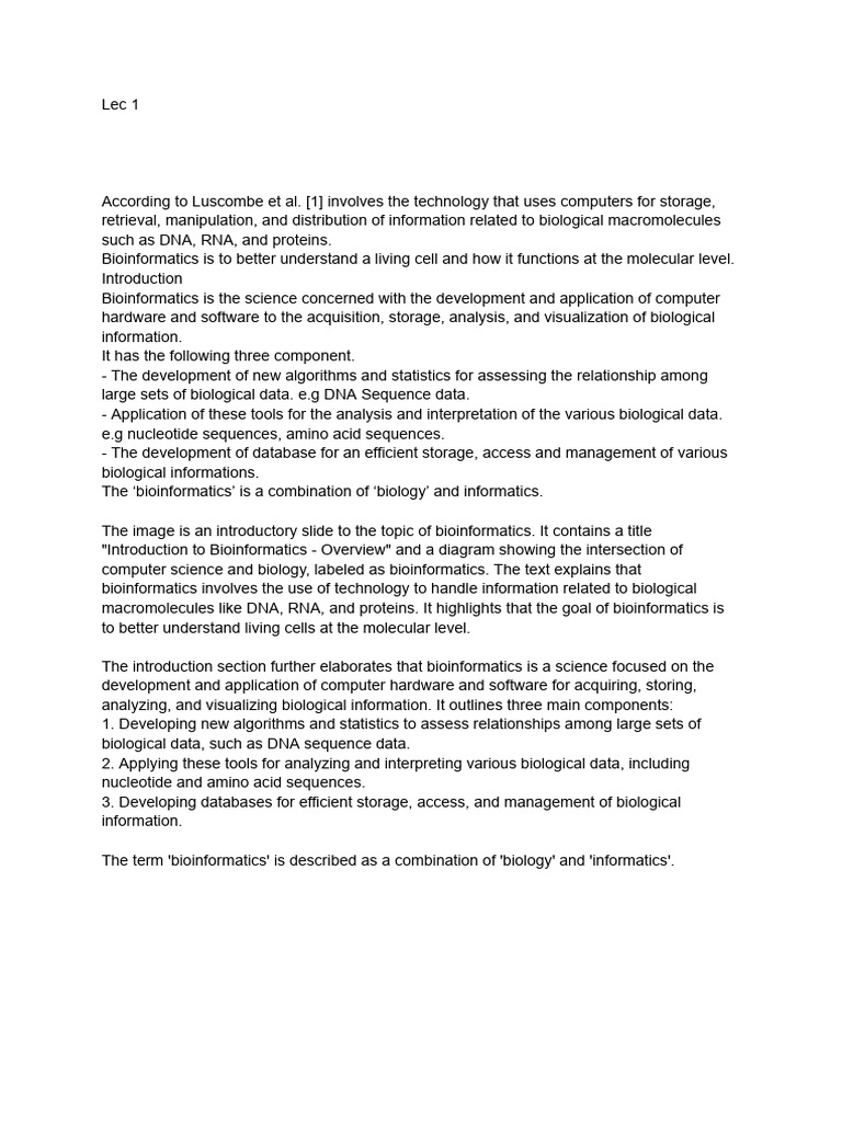 Intro To Bioinformatics Lec 1 Pdf Bioinformatics Nucleic Acid