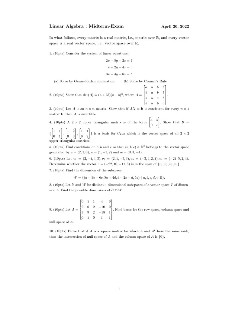 Linear Algebra Midterm Exam Solutions | PDF | Matrix (Mathematics ...