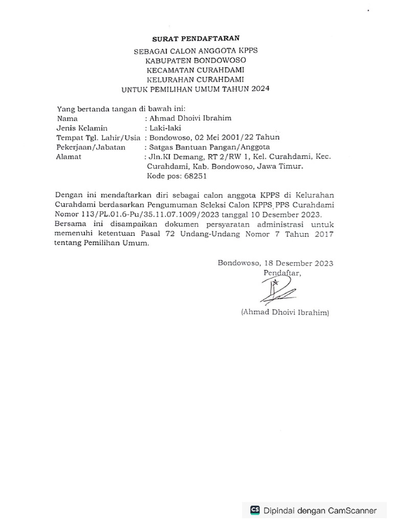 Surat Pendaftaran KPPS Pilkada | PDF