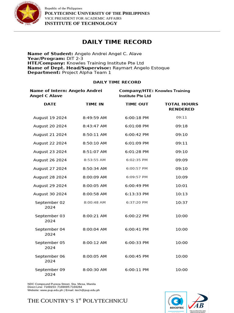 Daily Time Record for Intern Angelo Alave | PDF