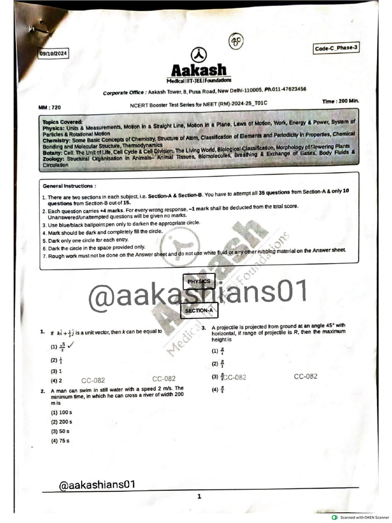 Nbts 01 Question Paper Phase 03 RM @aakashians01 | PDF