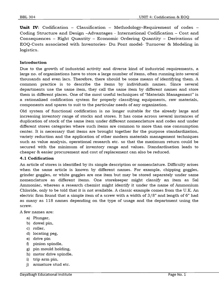 BBL 304_Codification & EOQ_UNIT 4 | PDF | Return On Equity | Inventory