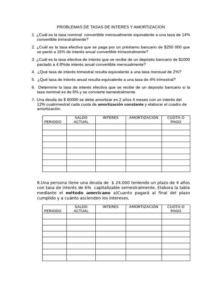 1 - Problemas de Tasas de Interes y Amortizacion | PDF | Interés | Finanzas personales