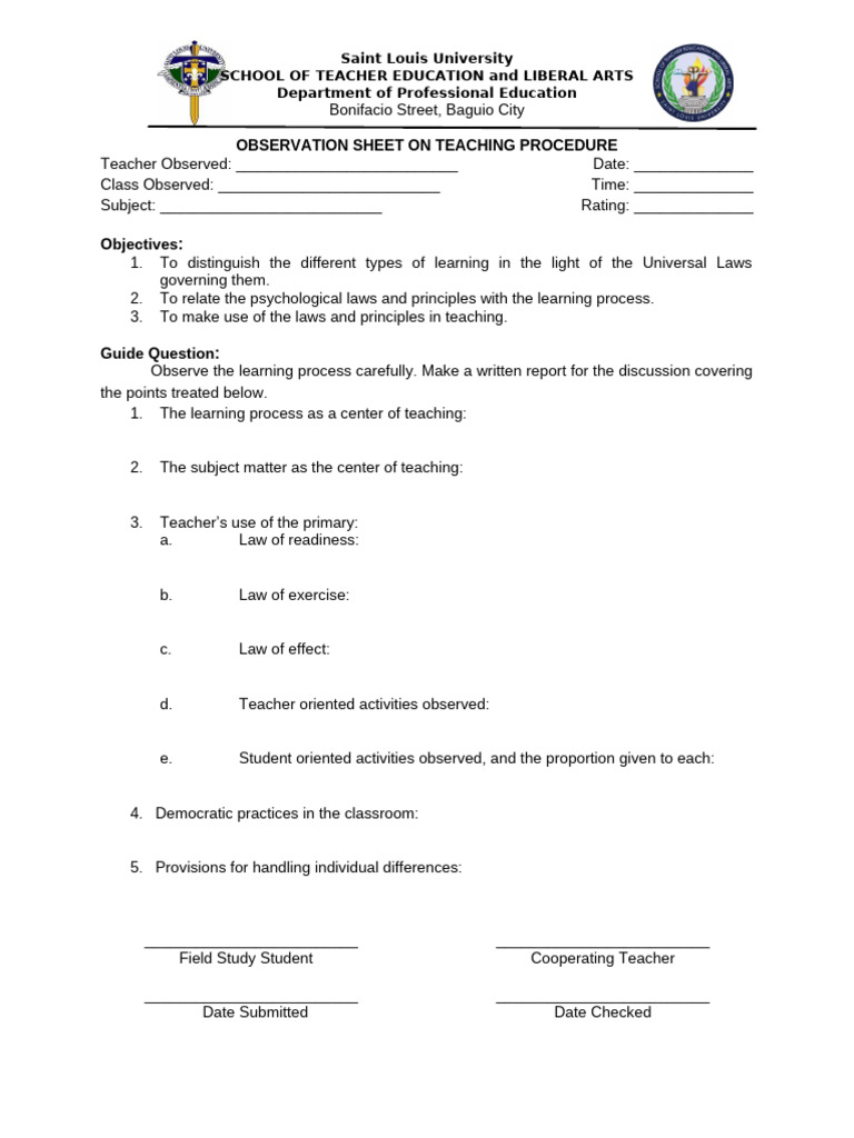 Observation Sheet On Teaching Procedure | PDF | Career & Growth
