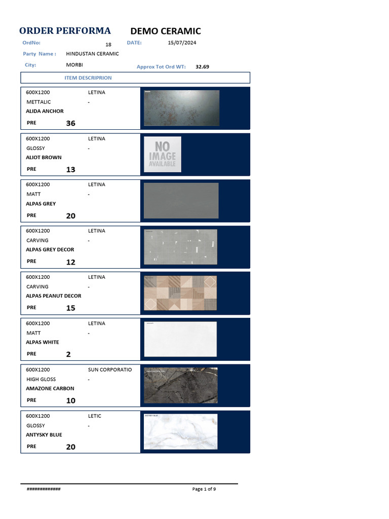 Ceramic Order Performa - Hindustan | PDF | Charcoal | Chemical Energy ...