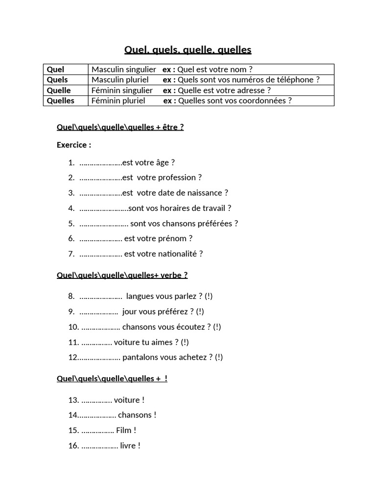Exercices sur quel, quelle, quels, quelles | PDF