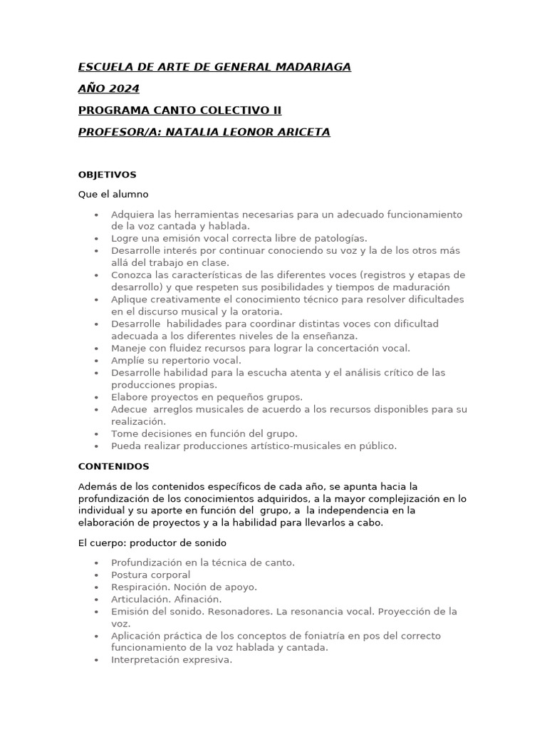 Programa Canto Colectivo II 2024 | PDF | Canto